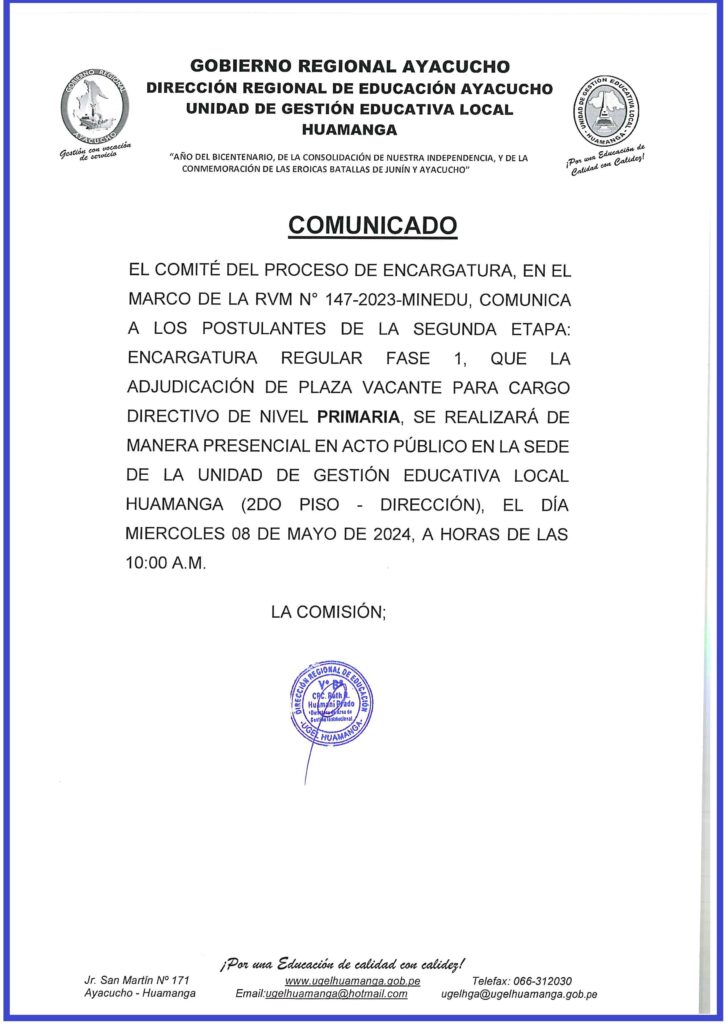 COMUNICADO PROCESO DE ENCARGATURA SEGUNDA ETAPA FASE 1 – NIVEL PRIMARIA ...