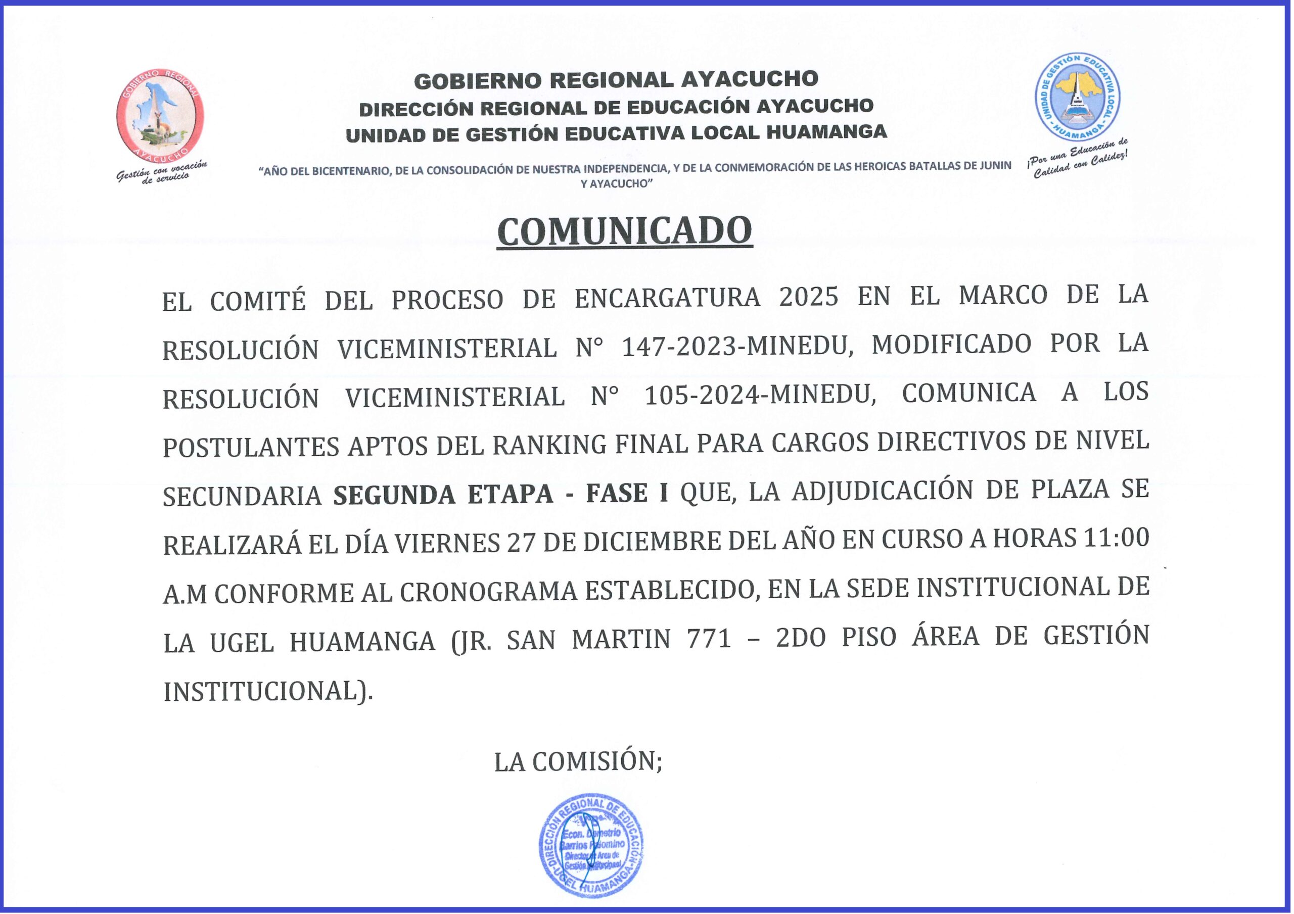 COMUNICADO PROCESO DE ENCARGATURA 2025 SEGUNDA ETAPA FASE I – UGEL 308 ...