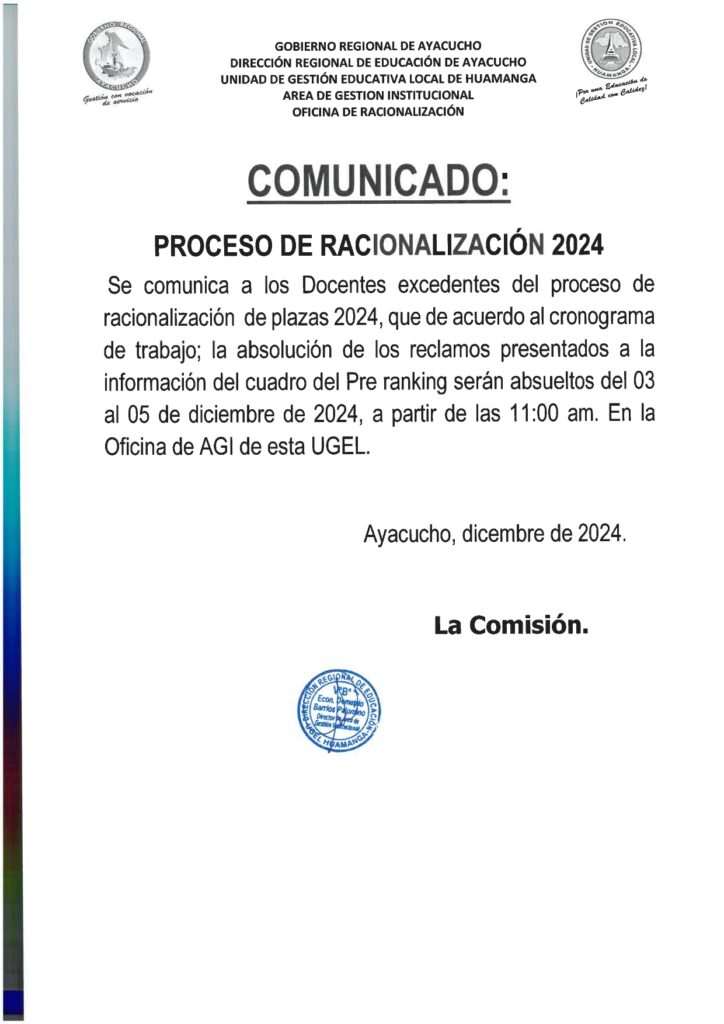 COMUNICADO PROCESO DE RACIONALIZACION 2024 – UGEL 308 | Unidad de ...