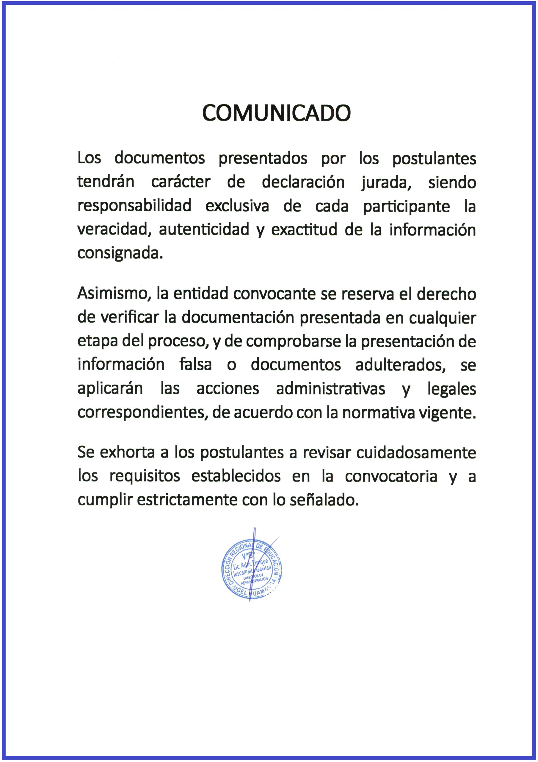 COMUNICADO IMPORTANTE PARA LOS POSTULANTES EN LA PRESENTACIÓN DE ...